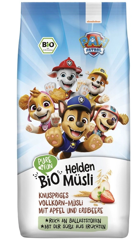 Teljes kiőrlésű müzli alma-eper Psi Patrol BIO 375 g – Pure & Fun ...